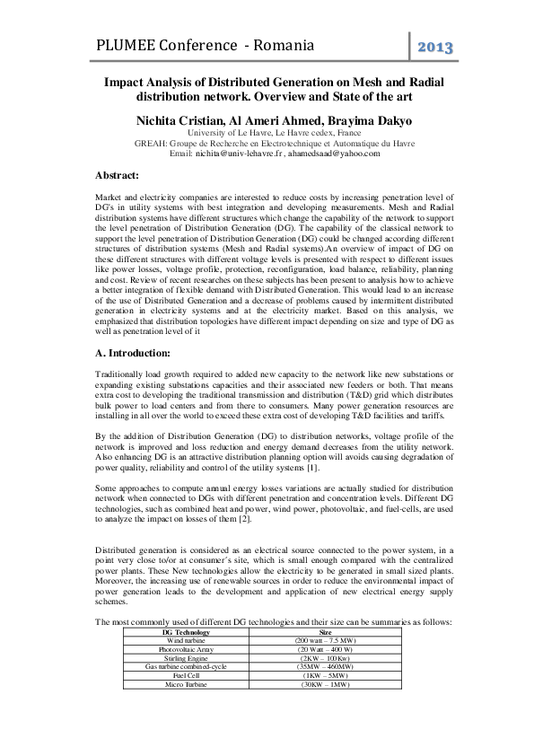 Pdf Impact Analysis Of Distributed Generation On Mesh And Radial