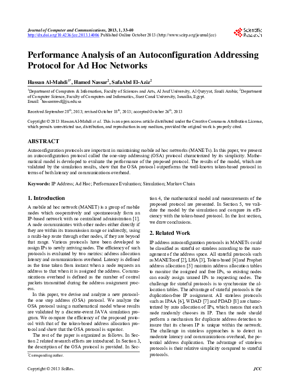(PDF) Performance Analysis of an Autoconfiguration Addressing Protocol for Ad Hoc Networks