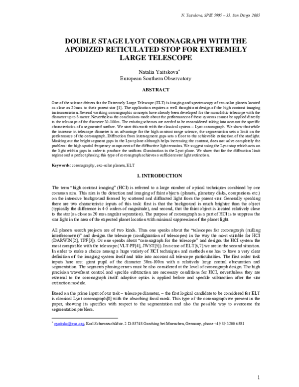 (PDF) Double stage Lyot coronagraph with the apodized reticulated stop ...