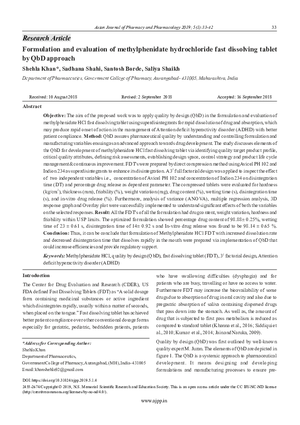 Pdf Formulation And Evaluation Of Methylphenidate Hydrochloride Fast Dissolving Tablet By Qbd