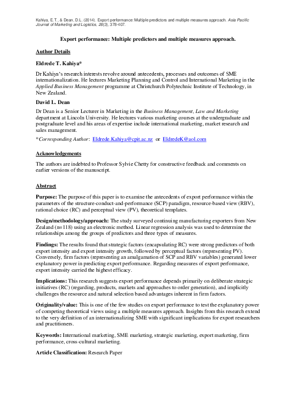 (PDF) Export performance: multiple predictors and multiple measures ...