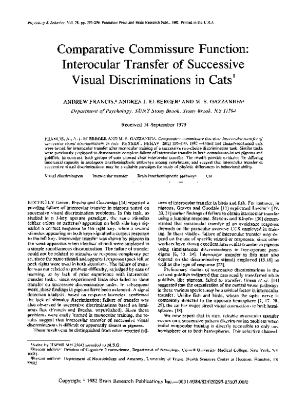 (PDF) Interocular Transfer of Visual Discriminations in Cats