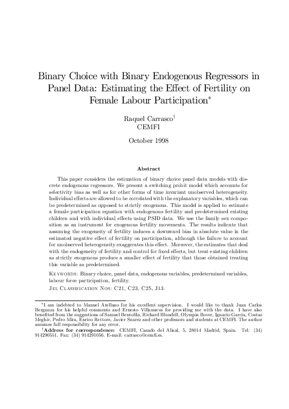 (PDF) Binary Choice with Binary Endogenous Regressors in Panel Data: Estimating the Effect of ...