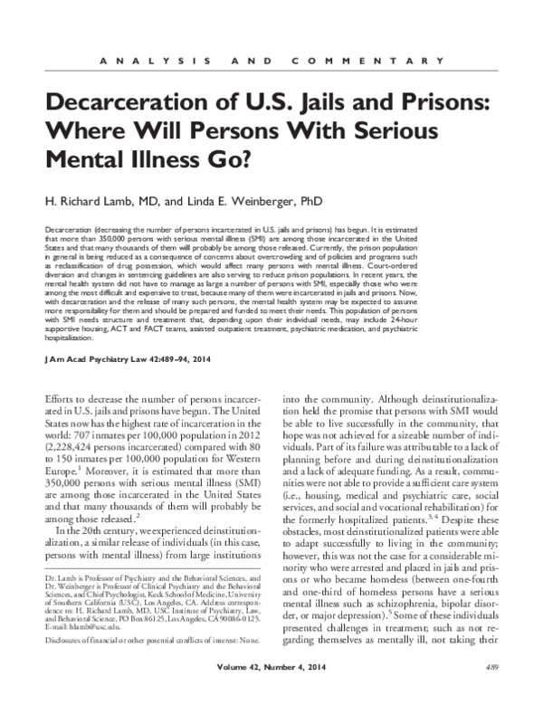(PDF) Decarceration of U.S. jails and prisons: where will persons with ...