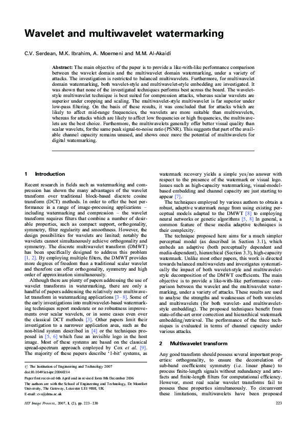 (PDF) Wavelet and multiwavelet watermarking