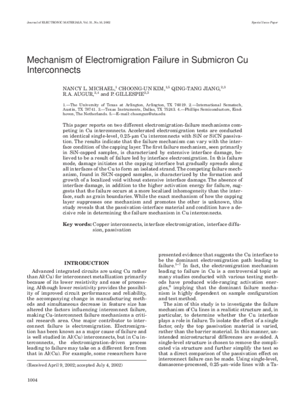 (PDF) Mechanism of electromigration failure in submicron Cu interconnects