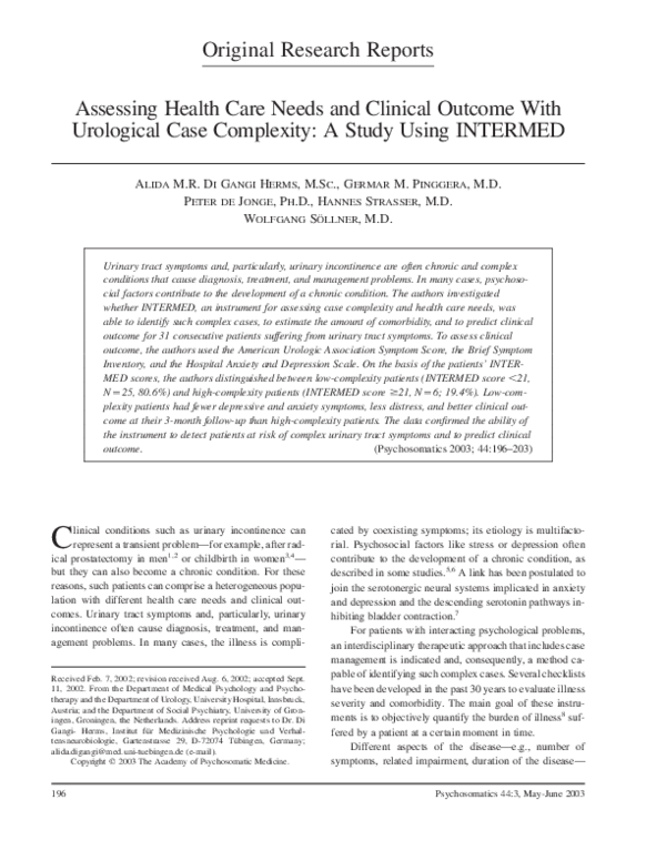 (PDF) Assessing Health Care Needs and Clinical Outcome With Urological ...
