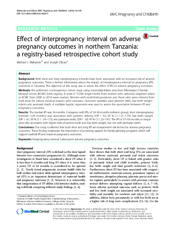 (PDF) Effect of interpregnancy interval on adverse perinatal outcomes ...