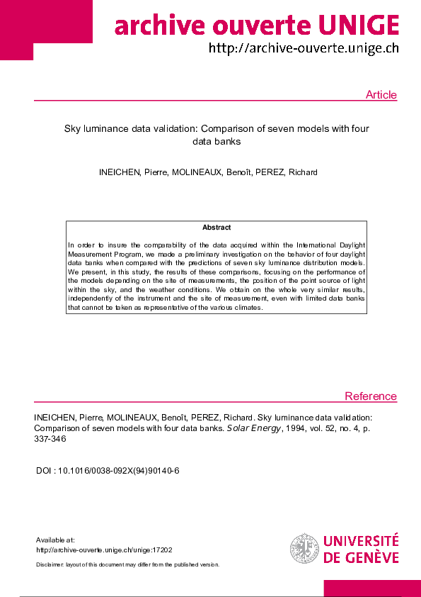 (PDF) Sky luminance data validation: Comparison of seven models with ...
