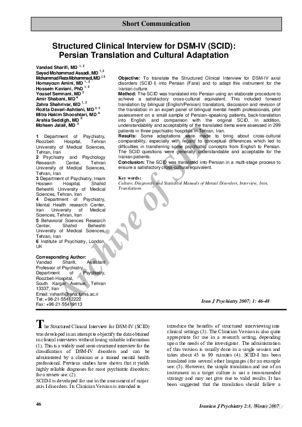 (PDF) Structured Clinical Interview for DSM-IV (SCID): Persian ...