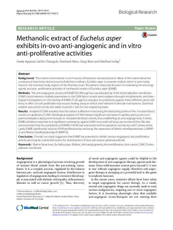 (PDF) Methanolic extract of Euchelus asper exhibits in-ovo anti-angiogenic and in vitro anti ...