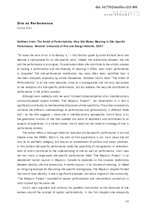 (PDF) Site as Performance: Kathleen Irwin. The Ambit of Performativity ...