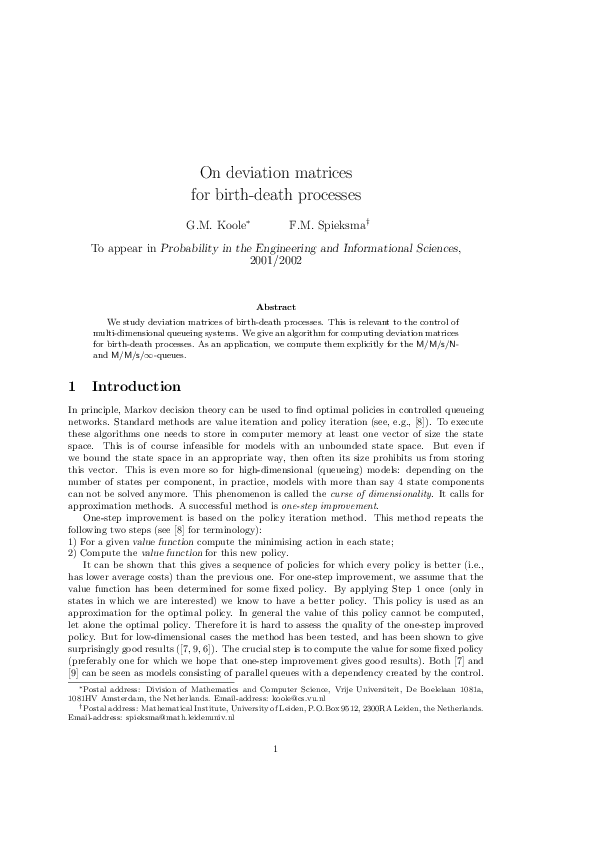 (PDF) On deviation matrices for birth death processes | Floske Spieksma ...