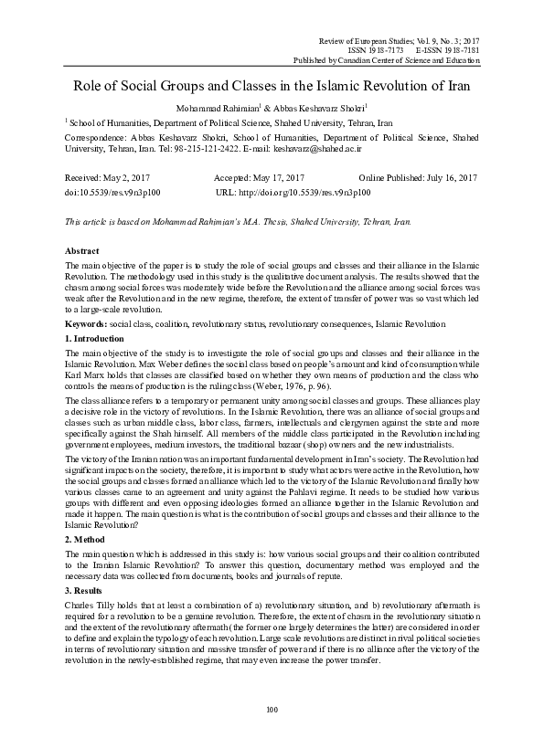 (PDF) Role of Social Groups and Classes in the Islamic Revolution of Iran