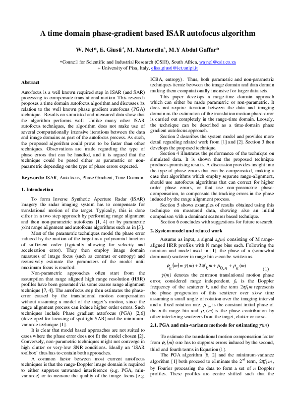 Pdf A Time Domain Phase Gradient Based Isar Autofocus Algorithm