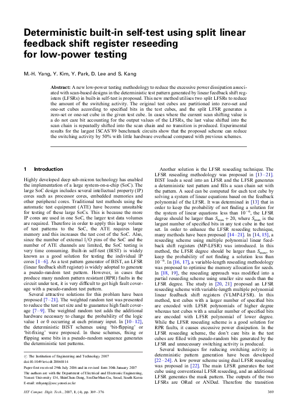 Pdf Deterministic Built In Self Test Using Split Linear Feedback Shift Register Reseeding For