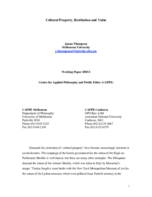 (PDF) Cultural property, restitution and value