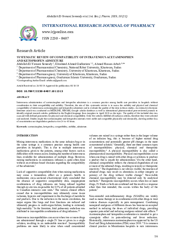 (PDF) Systematic Review of Compatibility of Intravenous Acetaminophen ...
