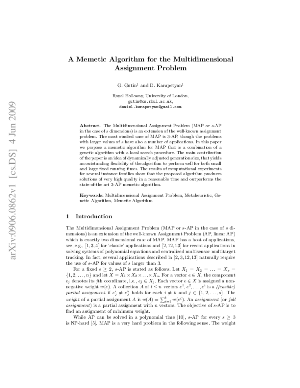 (PDF) A memetic algorithm for the multidimensional assignment problem | Gregory Gutin - Academia.edu