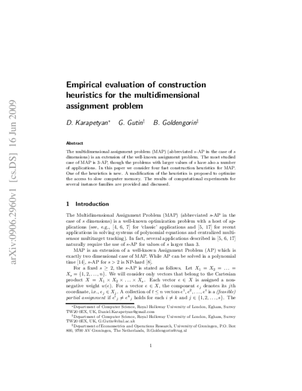 (PDF) Empirical evaluation of construction heuristics for the multidimensional assignment problem