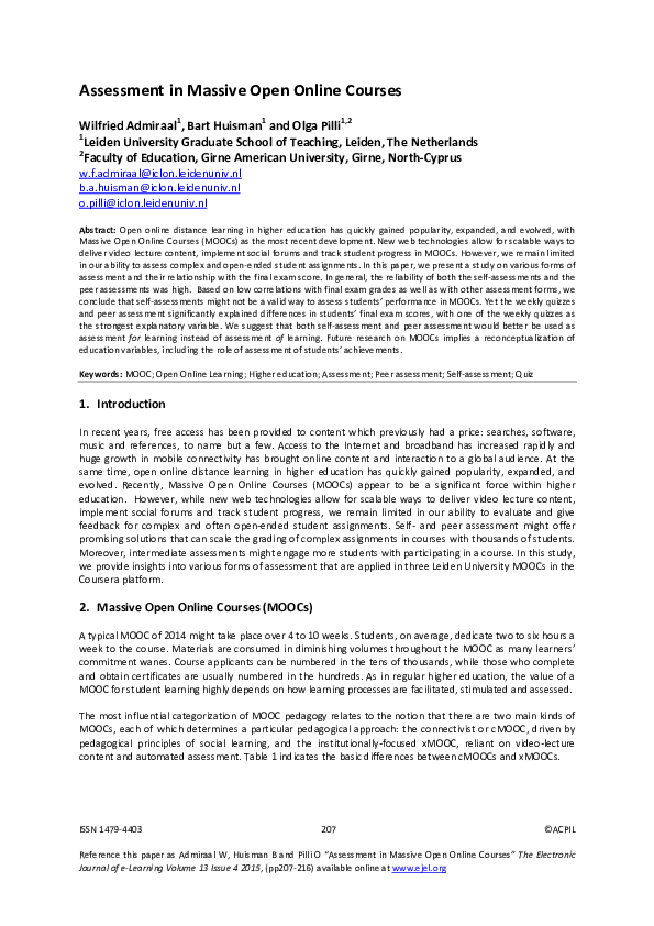 (PDF) Assessment in Massive Open Online Courses