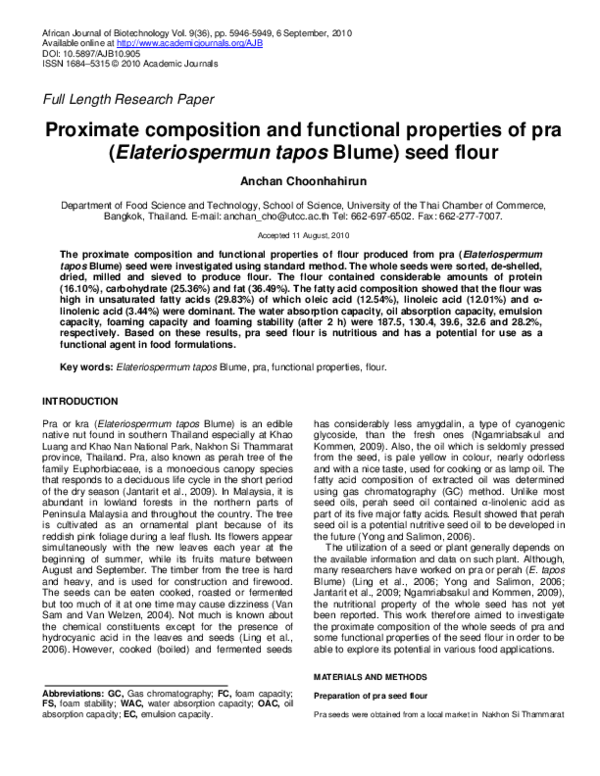 (PDF) Proximate composition and functional properties of African breadfruit kernel and flour blends