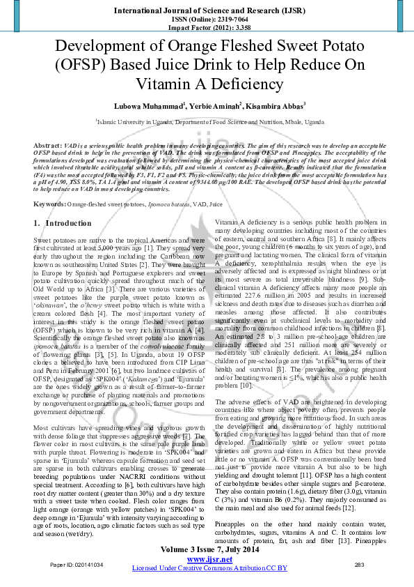 (PDF) Development of Orange Fleshed Sweet Potato (OFSP) Based Juice ...