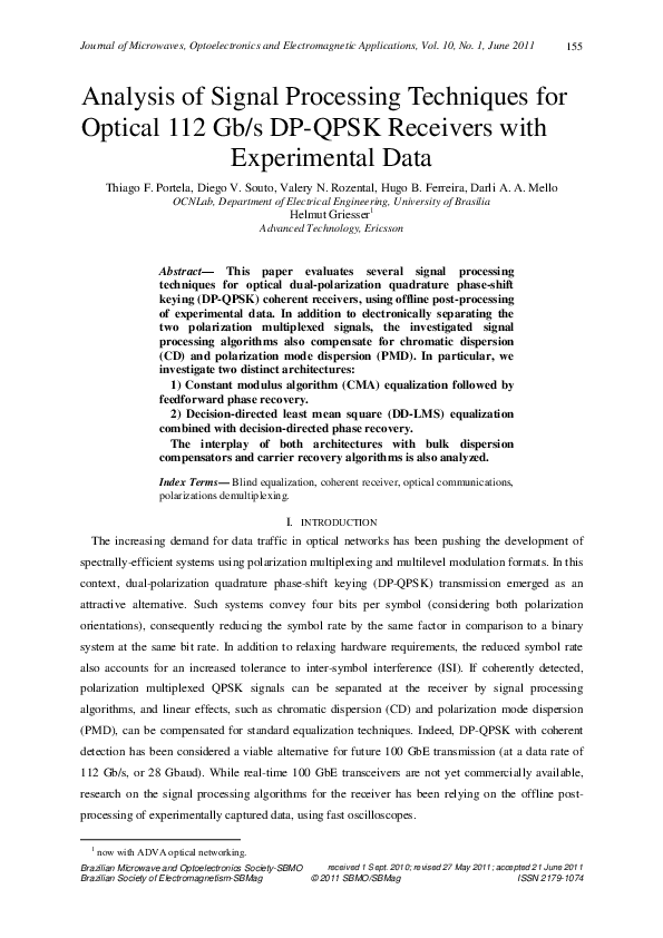 (PDF) Analysis of signal processing techniques for optical 112 Gb/s DP ...