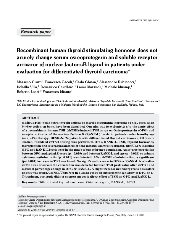 (PDF) Recombinant human thyroid-stimulating hormone (rhTSH) in the ...