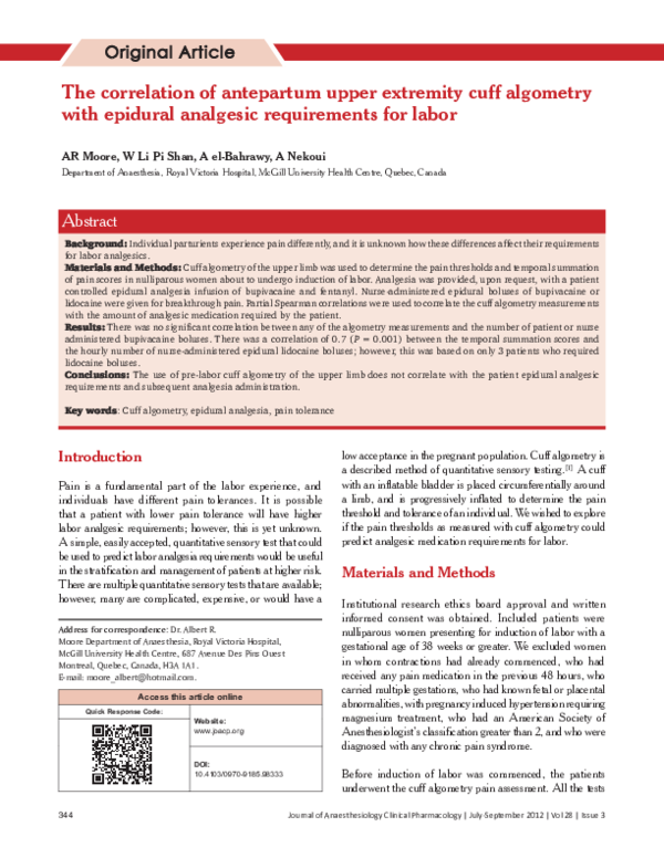 The correlation of antepartum upper extremity cuff algometry with ...