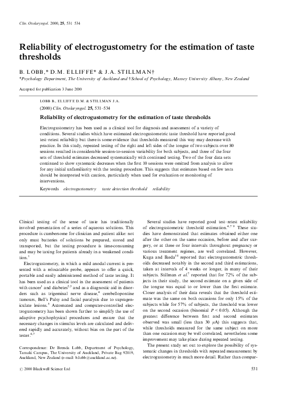 (PDF) Reliability of electrogustometry for the estimation of taste ...