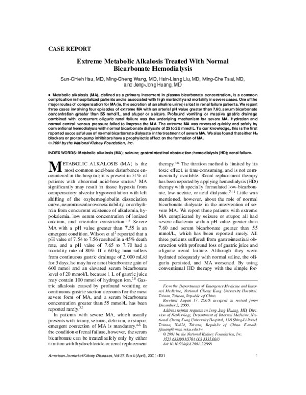 (PDF) Extreme metabolic alkalosis treated with normal bicarbonate ...