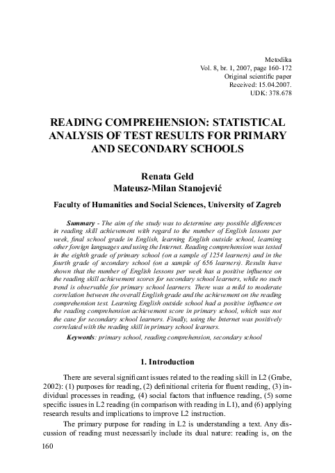 (PDF) Reading Comprehension: Statistical Analysis of Test Results for ...