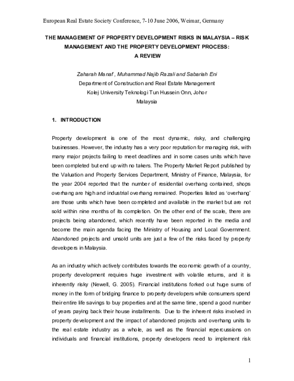 (PDF) The management of property development risks in Malaysia-the ...