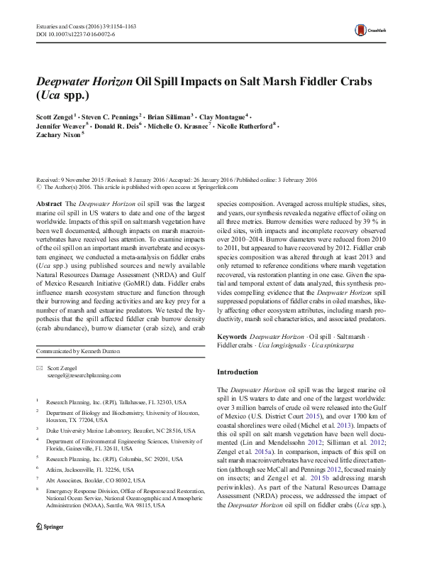 (PDF) Deepwater Horizon Oil Spill Impacts on Salt Marsh Fiddler Crabs ...