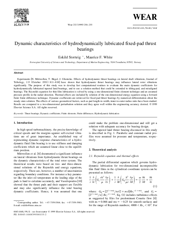 (PDF) Dynamic characteristics of hydrodynamically lubricated fixed-pad thrust bearings