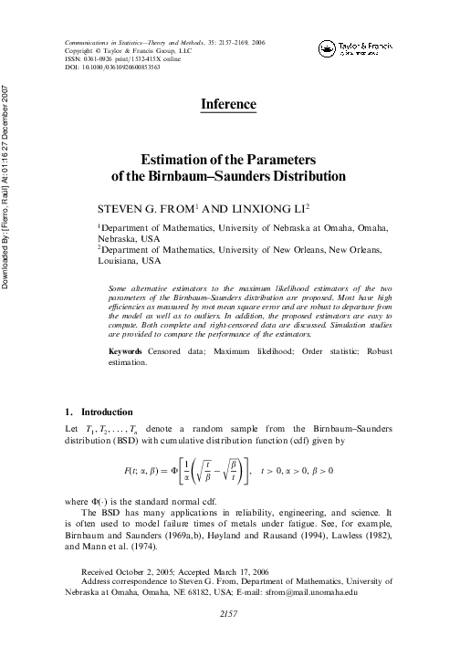 Pdf Estimation Of The Parameters Of The Birnbaum Saunders Distribution