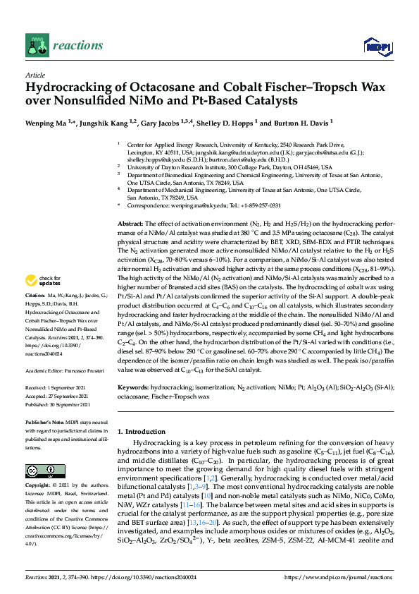 (PDF) Hydrocracking of Octacosane and Cobalt Fischer–Tropsch Wax over ...