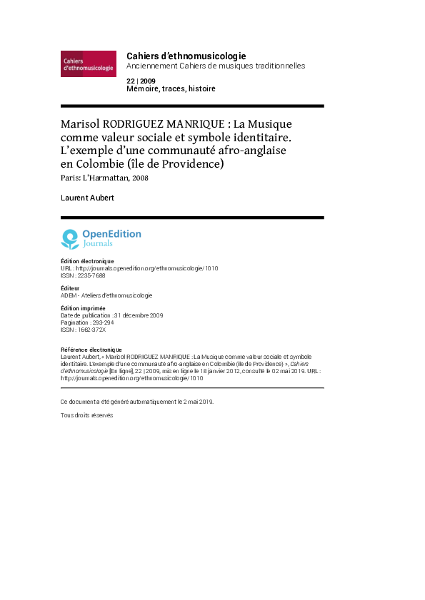 (PDF) Marisol RODRIGUEZ MANRIQUE : La Musique comme valeur sociale et ...