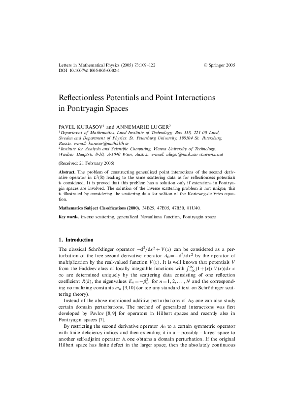Pdf Reflectionless Potentials And Point Interactions In Pontryagin Spaces