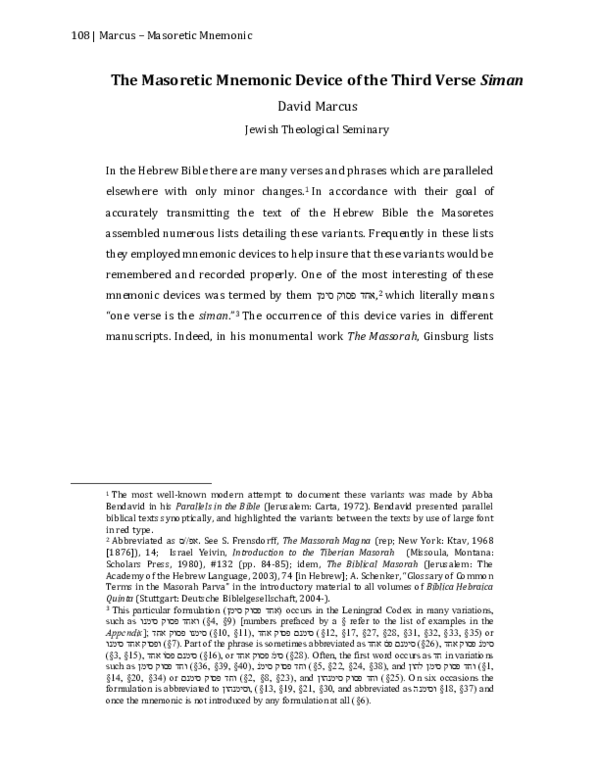 (PDF) The Masoretic Mnemonic Device of the Third Verse Siman
