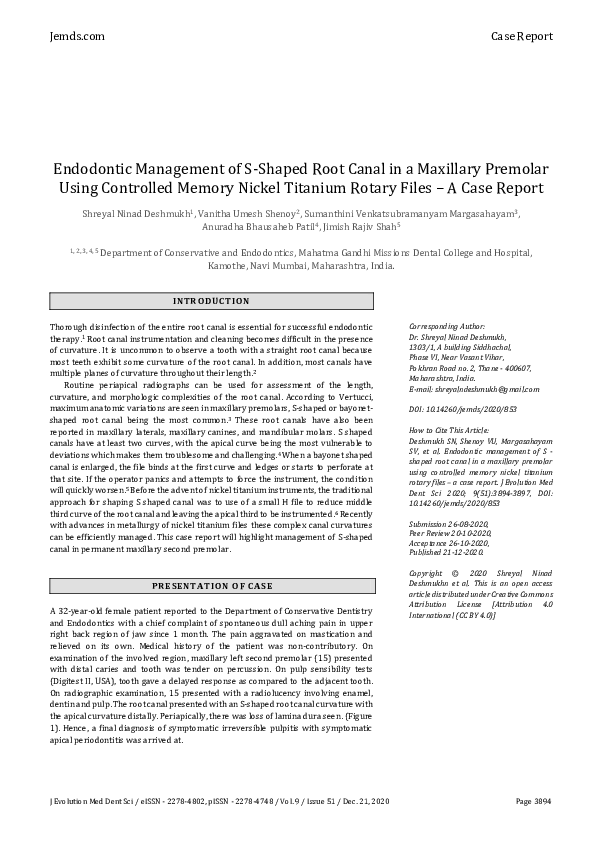 (PDF) Endodontic Management of S-Shaped Root Canal in a Maxillary ...