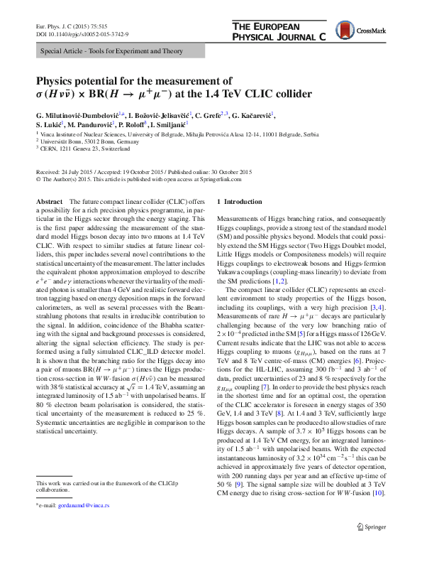 (PDF) Physics potential for the measurement of $${\sigma (H\nu \bar{\nu ...