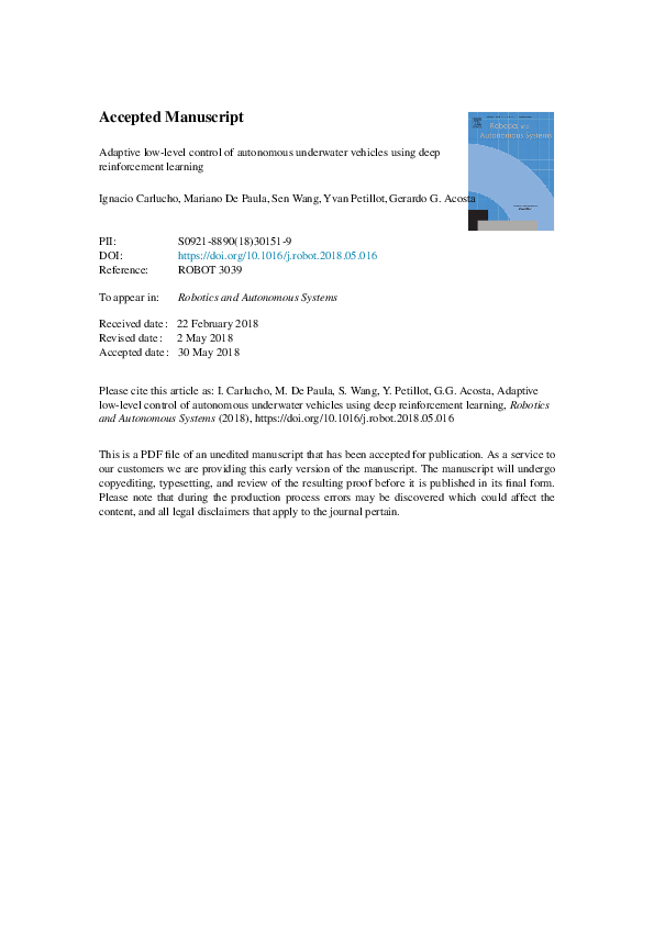 Pdf Adaptive Low Level Control Of Autonomous Underwater Vehicles Using Deep Reinforcement Learning