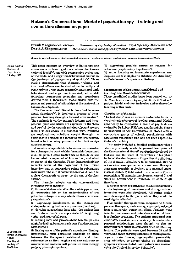 (PDF) Hobson's Conversational Model of psychotherapy--training and ...