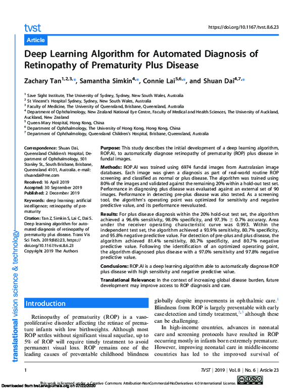 (PDF) Deep Learning Algorithm for Automated Diagnosis of Retinopathy of Prematurity Plus Disease