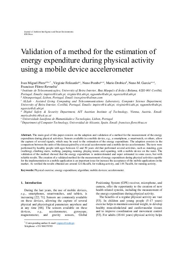 (PDF) Validation of a method for the estimation of energy expenditure during physical activity ...