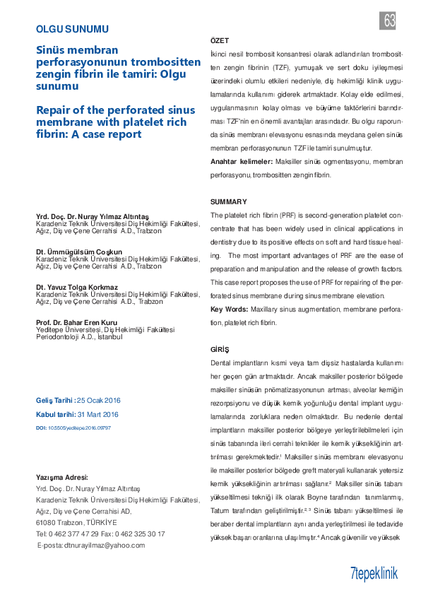 (PDF) Repair of the Perforated Sinus Membrane with Platelet Rich Fibrin ...