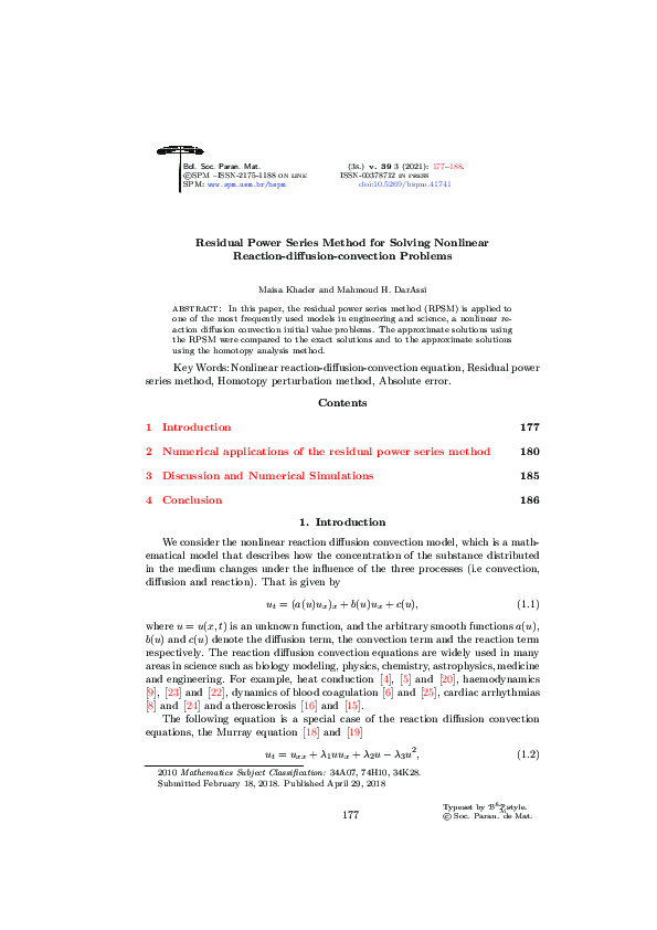 Pdf Residual Power Series Method For Solving Nonlinear Reaction Diffusion Convection Problems