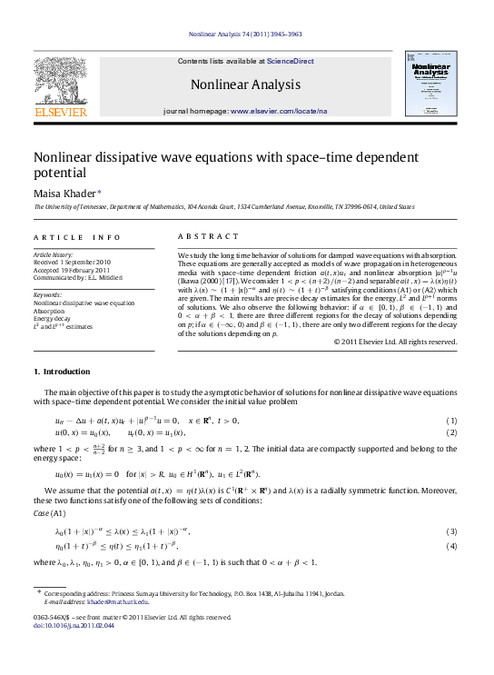 (PDF) Nonlinear dissipative wave equations with space–time dependent ...